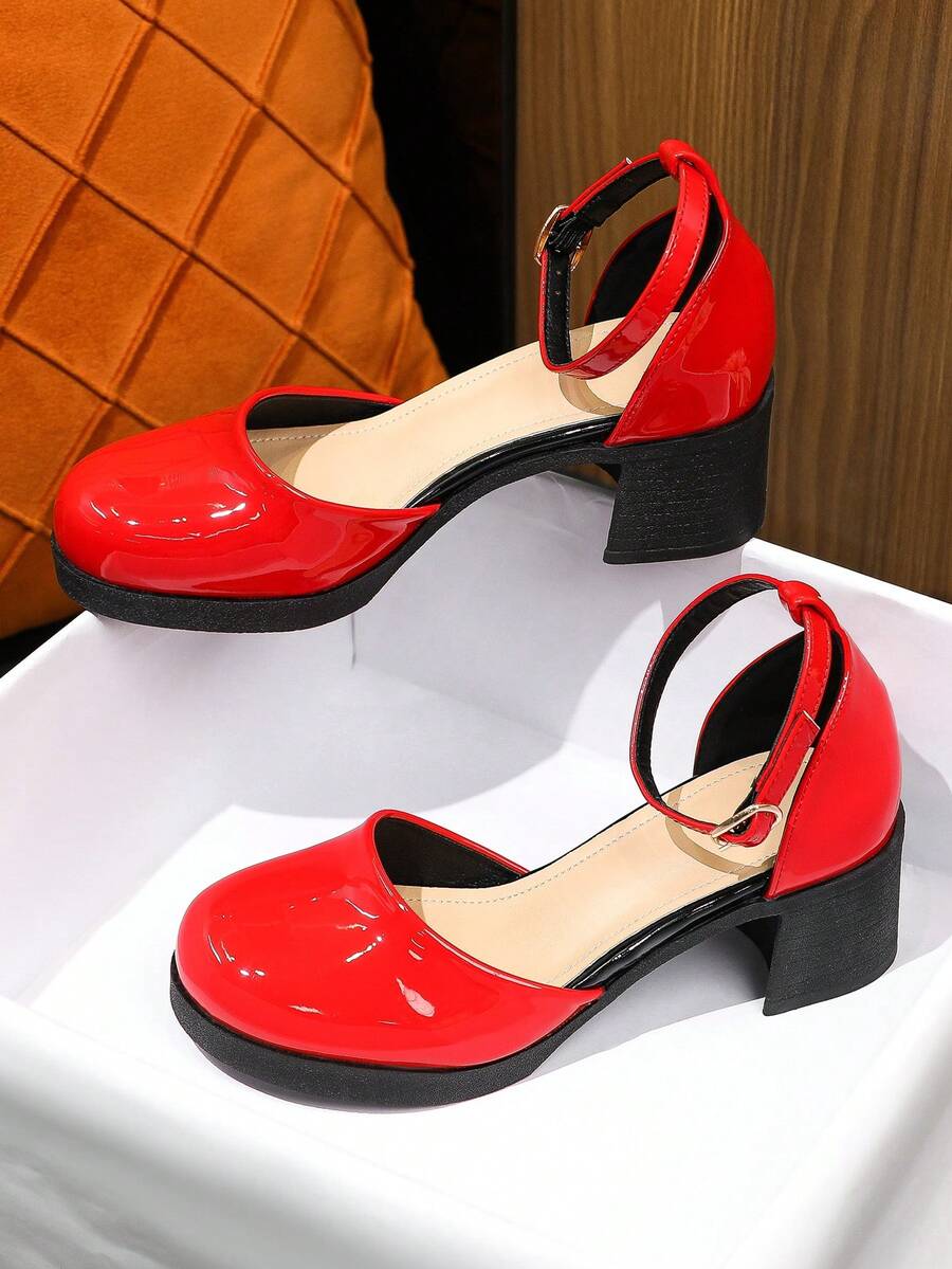 Women Chunky Heeled Pumps, Funky Red Ankle Strap Pumps | SHEIN USA