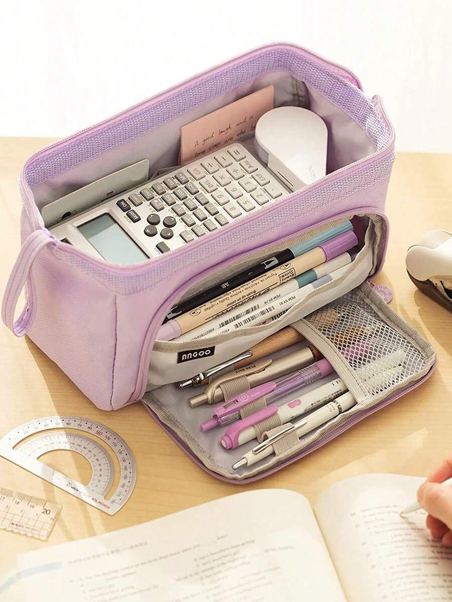 1pc Solid Color Stationery Bag, Simple Multi-layer Pen Bag For School ...