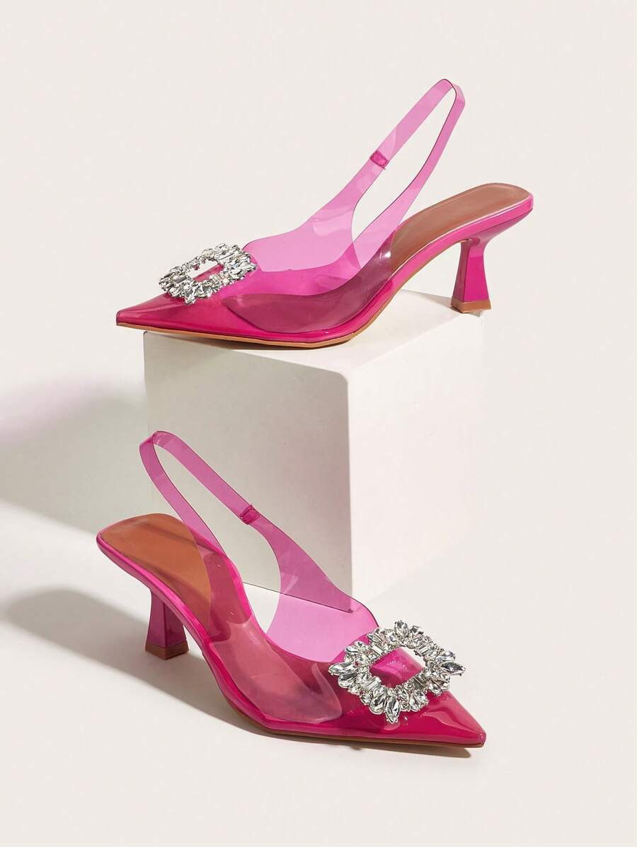 Women Rhinestone Decor Clear Point Toe Pyramid Heeled Pumps, PVC ...