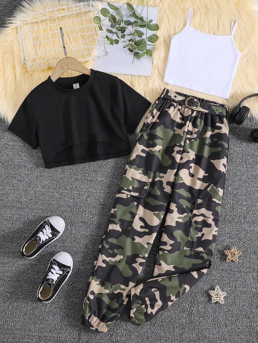 SHEIN Teen Girls High Low Hem Top & Cami Top & Camo Print Trousers ...