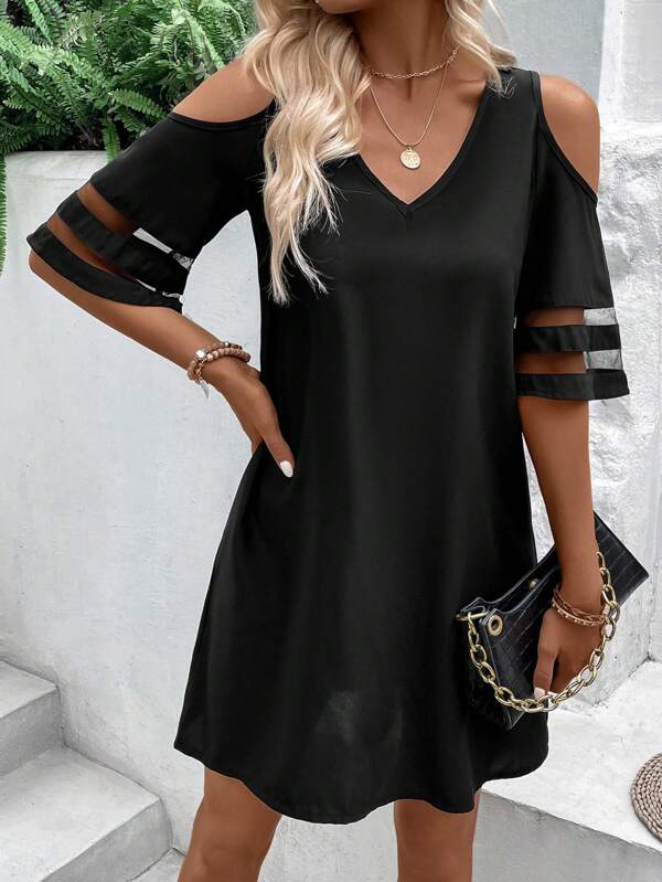 SHEIN LUNE Cold Shoulder Mesh Insert Dress | SHEIN USA