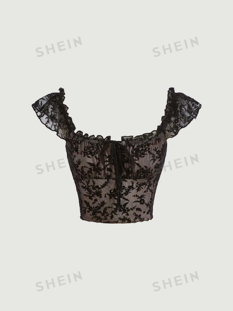 Shein Mod Floral Print Frill Trim Crop Tee Shein Usa