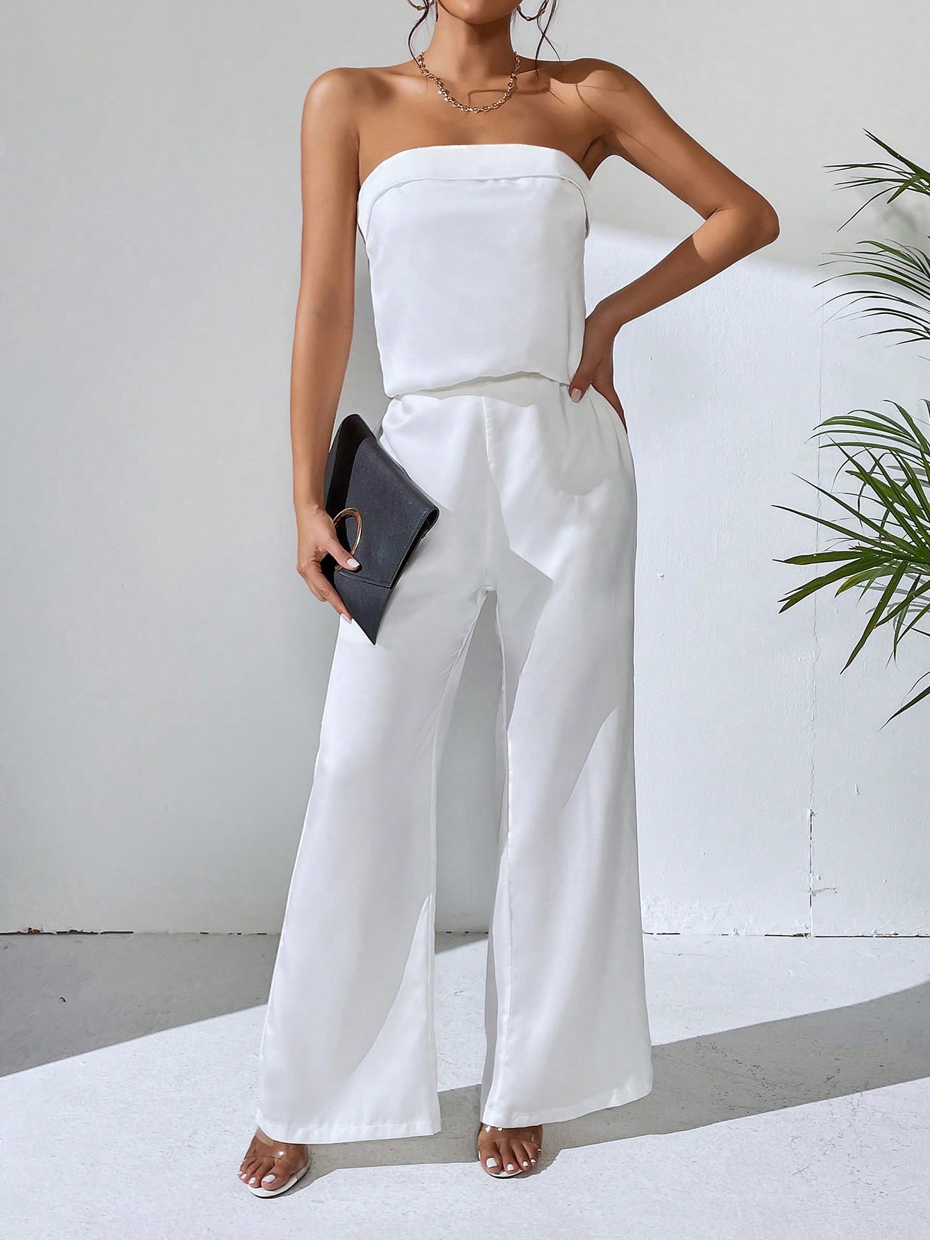 SHEIN Privé Solid Tube Top & Wide Leg Trousers | SHEIN UK