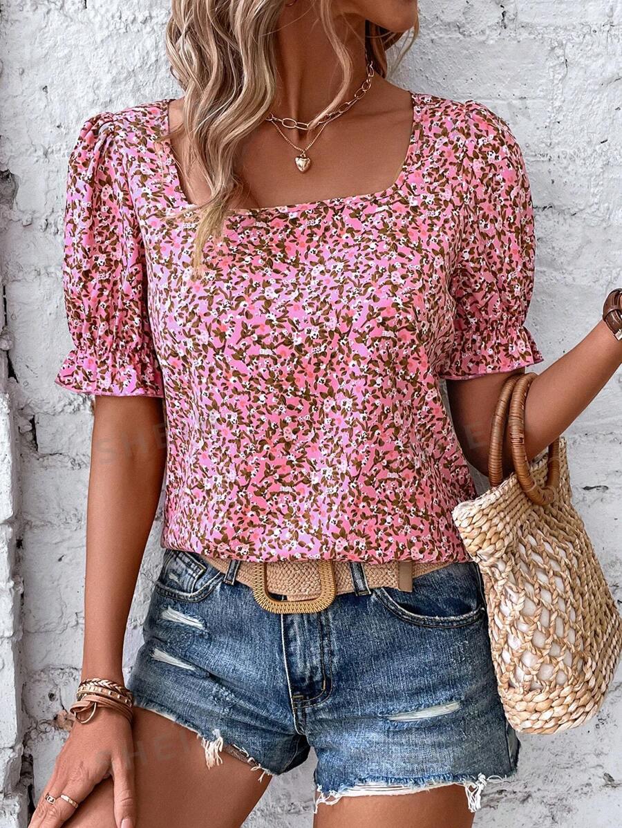 Shein Vcay Ditsy Floral Print Square Neck Puff Sleeve Blouse Shein Uk