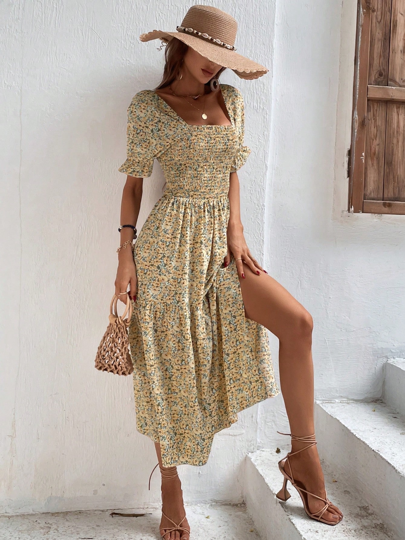 Shein Vcay Ditsy Floral Print Puff Sleeve Split Thigh Dress Shein Usa