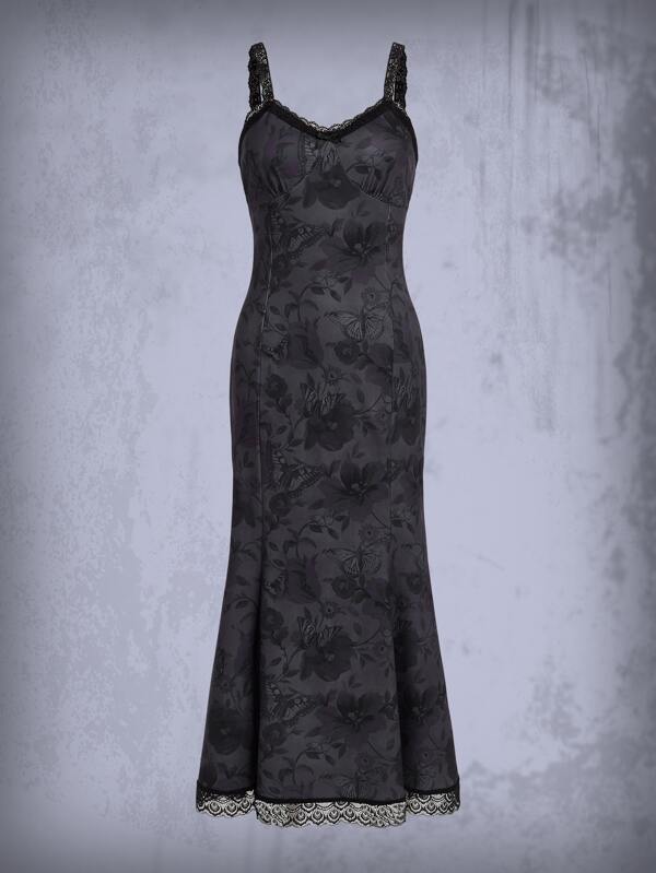 Goth Floral Print Contrast Lace Cami Dress Without Corset | SHEIN