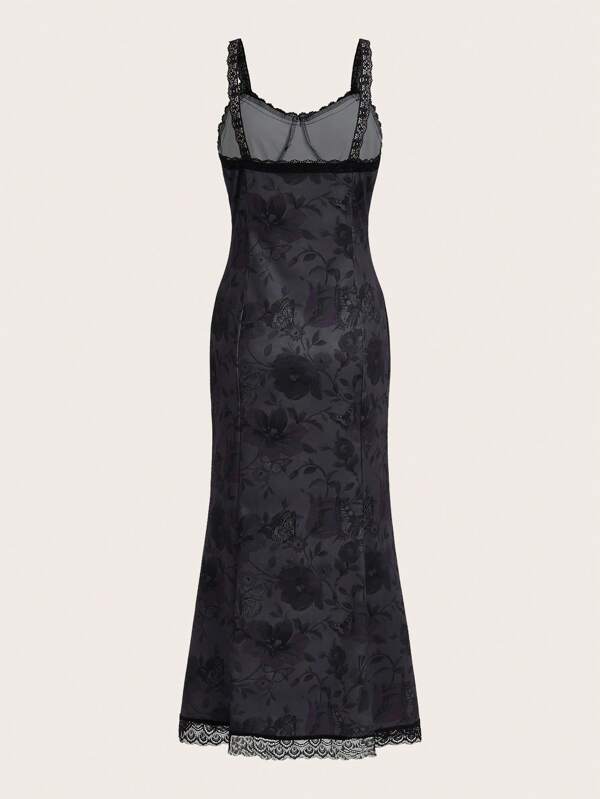 Goth Floral Print Contrast Lace Cami Dress Without Corset | SHEIN