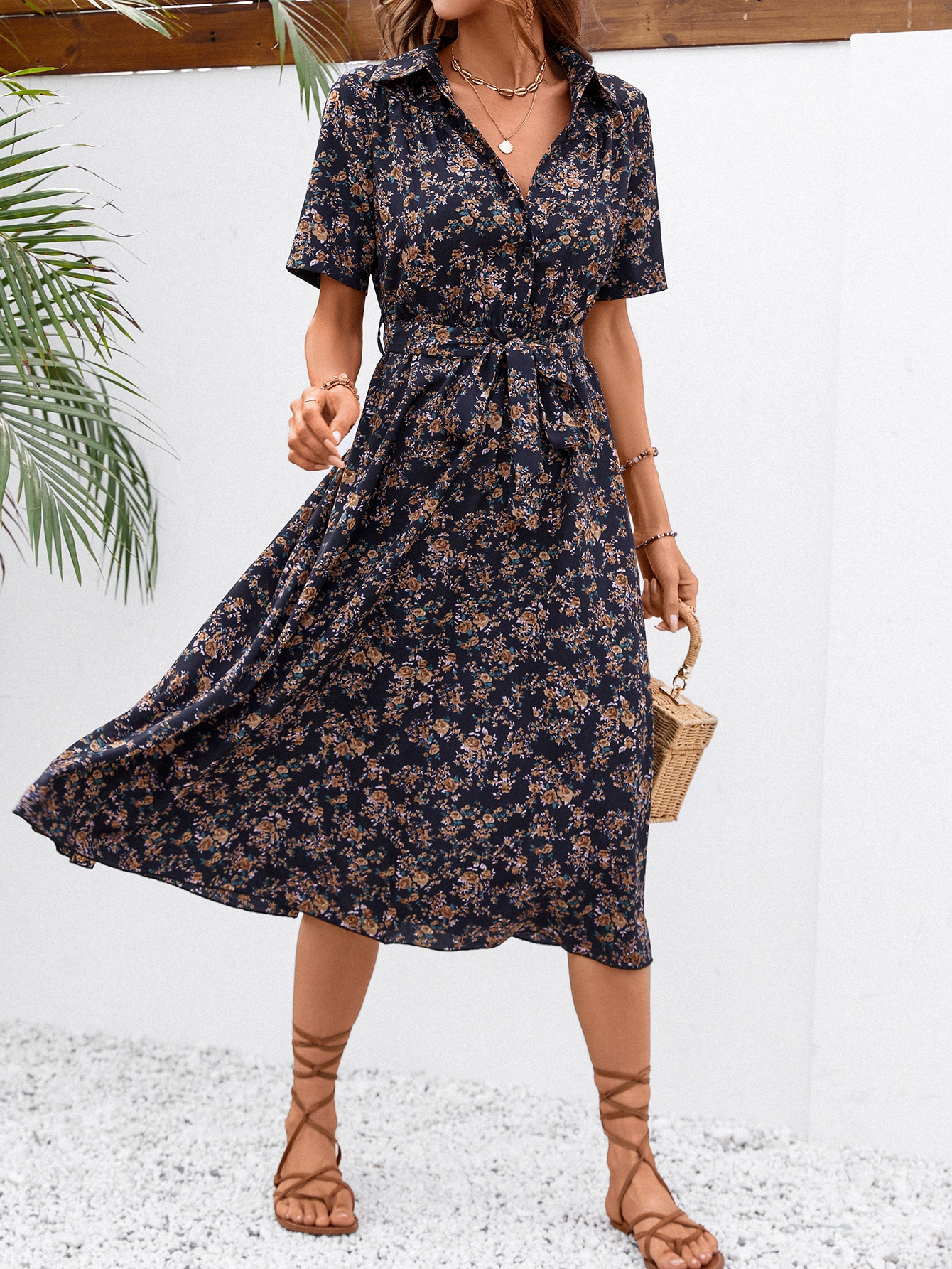 Ditsy Floral Print Belted Shirt Dress | SHEIN USA