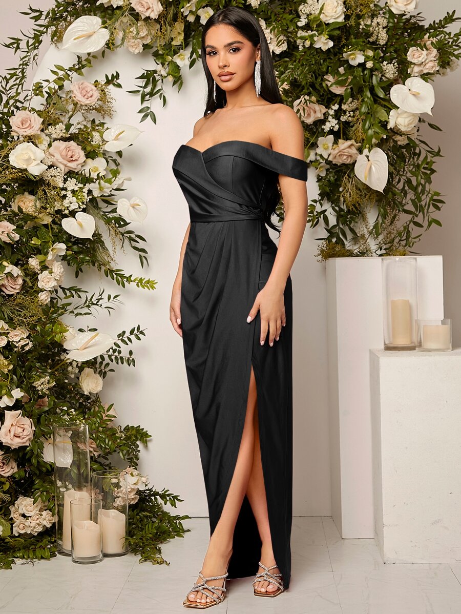 SHEIN Belle Off Shoulder Wrap Hem Bridesmaid Dress Black Elegant Formal Evening Prom Wedding ...