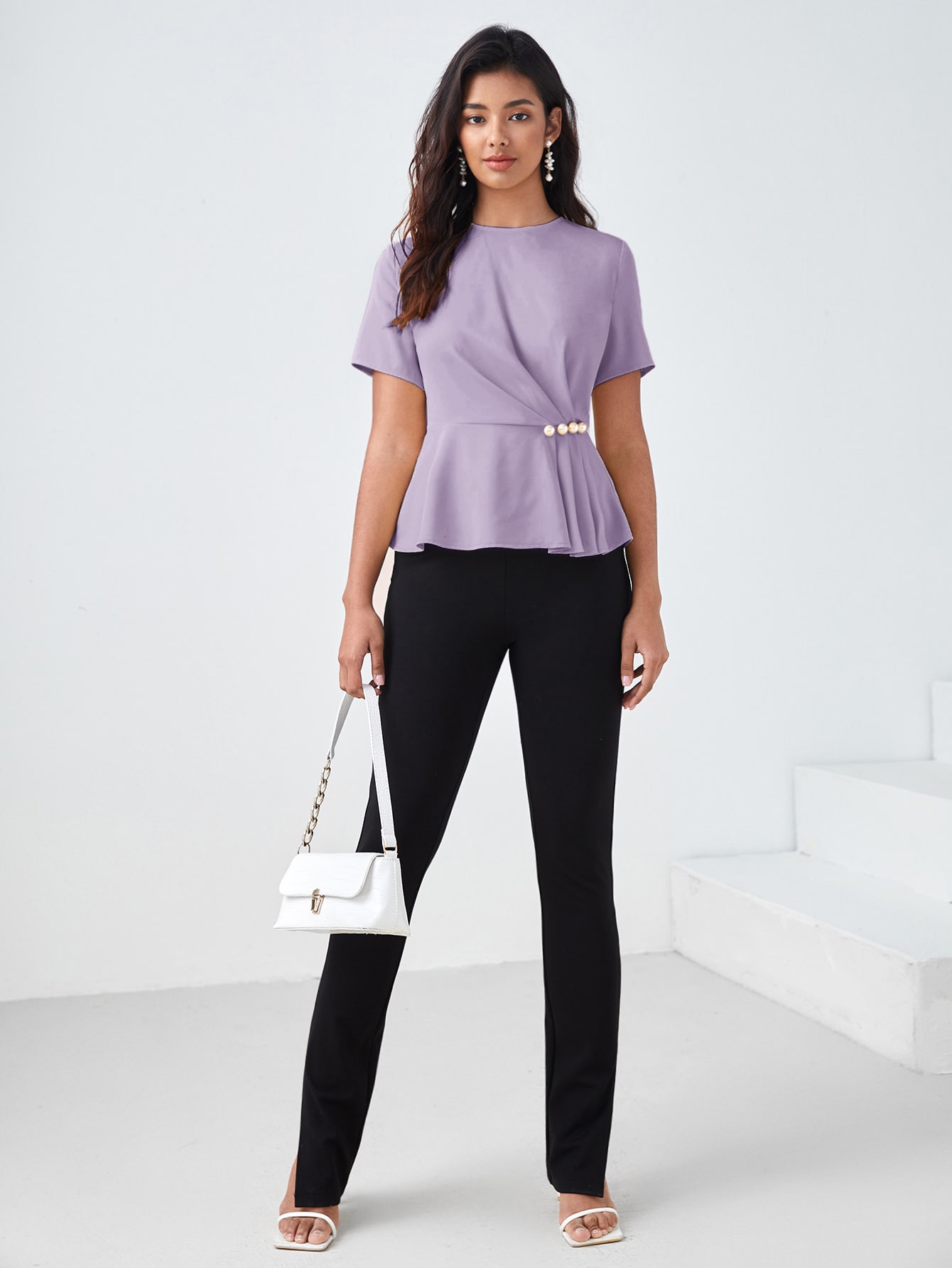 SHEIN BIZwear Solid Pearls Beaded Plicated Top Workwear | SHEIN UK