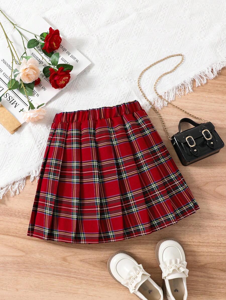 SHEIN Tween Girl Red Plaid Skirt, Versatile And Casual American College ...