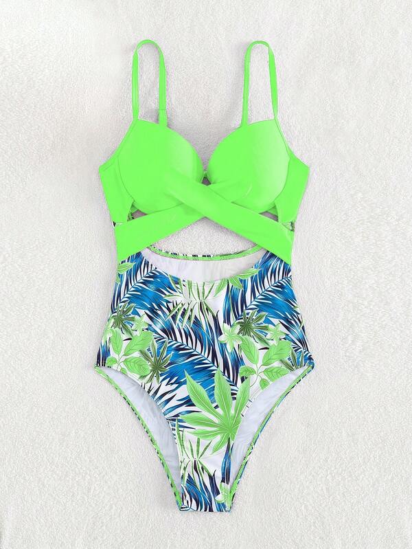 Tropical Print Cut Out Push Up One Piece Swimsuit | SHEIN USA