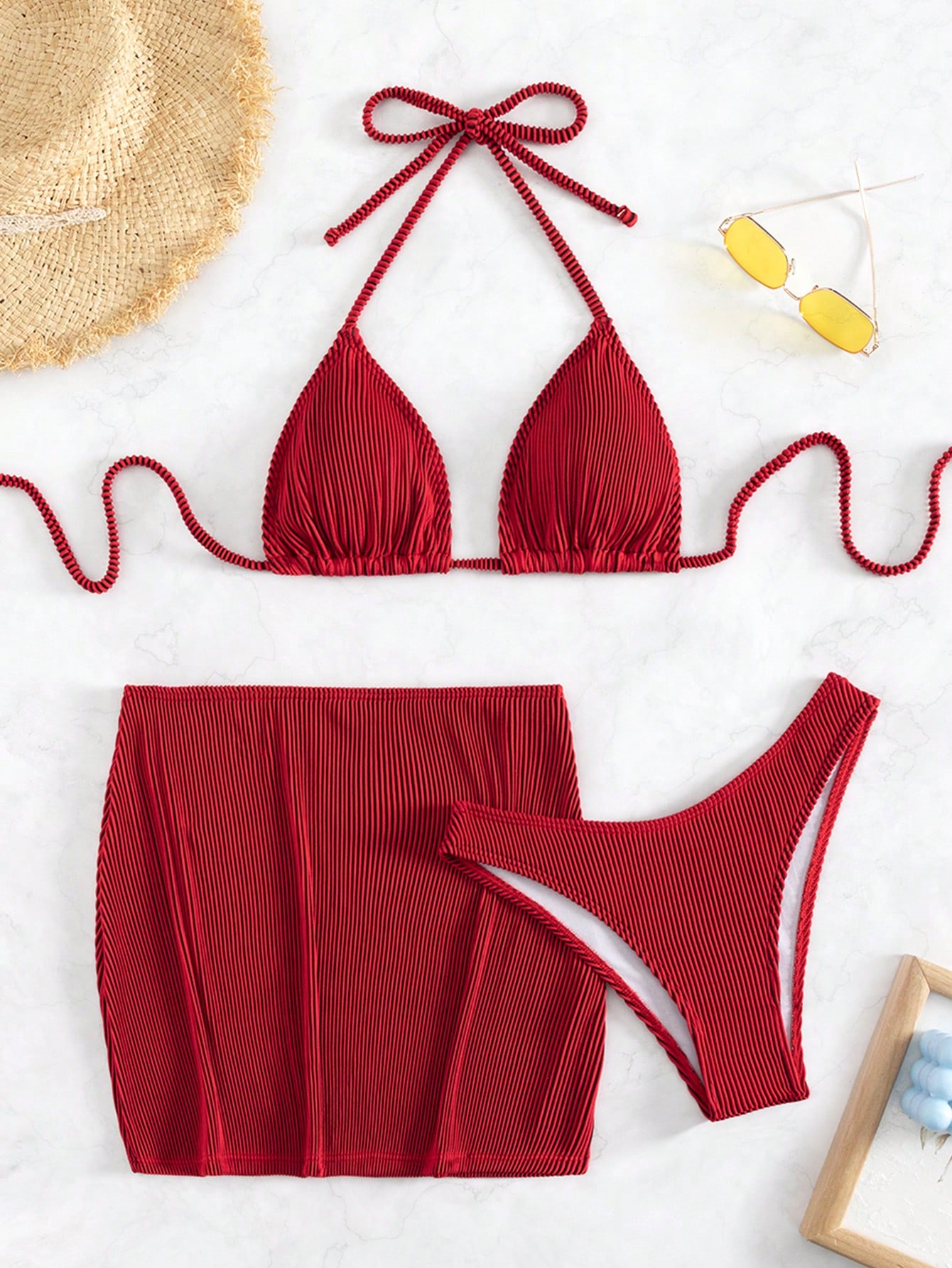 Shein Swim Basics Solid Halter Triangle Bikini Swimsuit With Beach