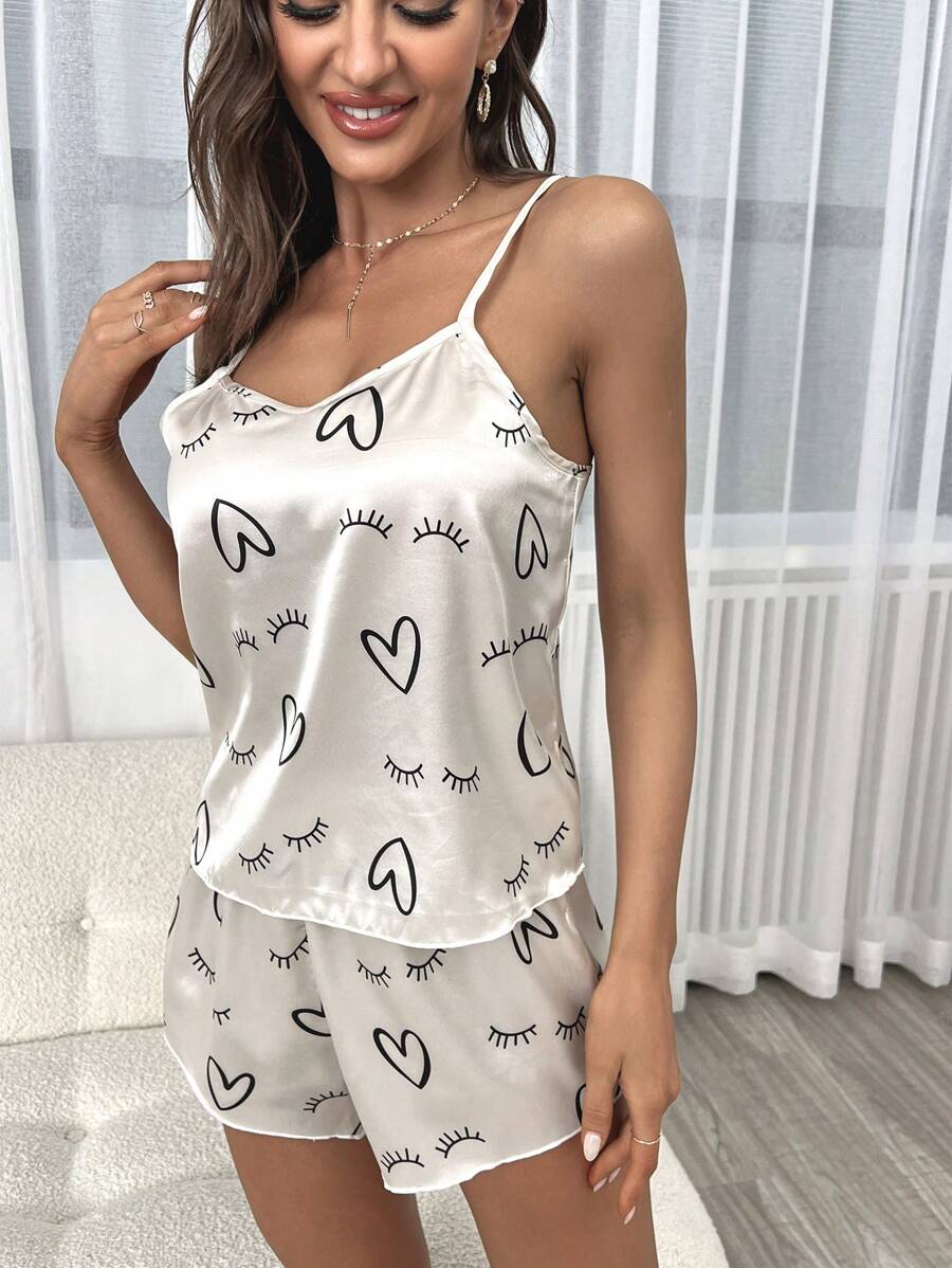 Eyelash & Heart Print Satin PJ Set | SHEIN USA