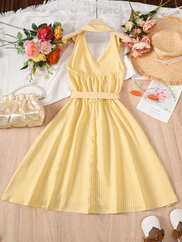 SHEIN garotas adolescentes Vestido de cabresto impressão listrada com ...