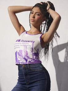 SHEIN ICON Building & Slogan Graphic Contrast Binding Tank Top | SHEIN ...