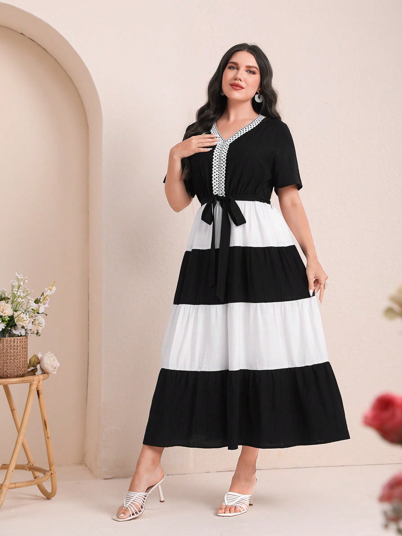 SHEIN Mulvari Plus Colorblock Belted Dress | SHEIN USA