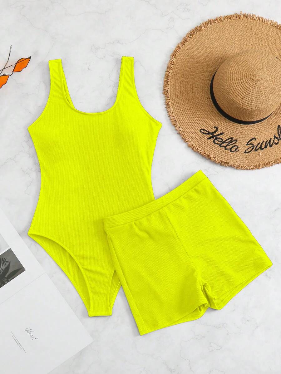 Plain One Piece Swimsuit With Shorts | SHEIN USA