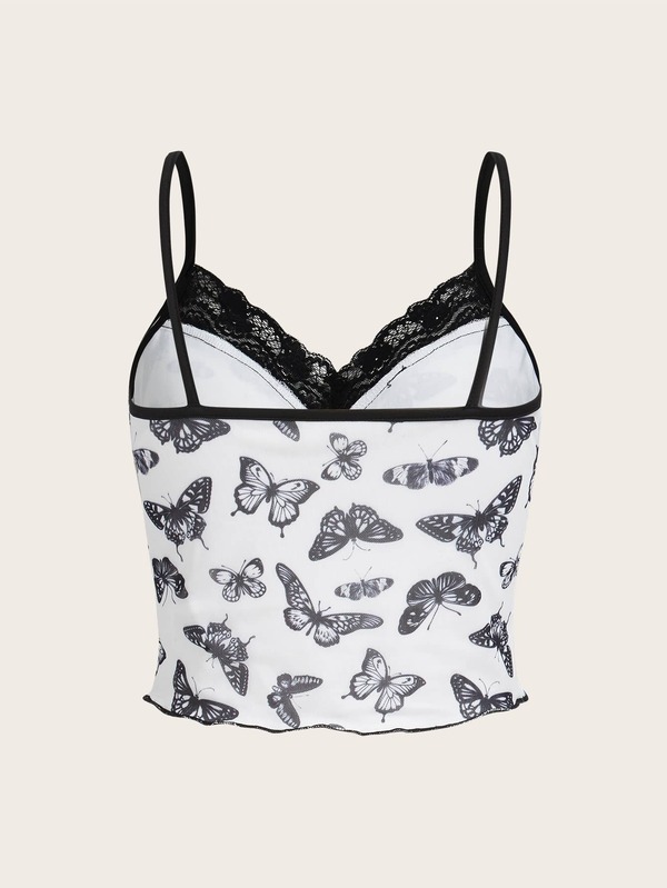 Goth Butterfly Print Contrast Lace Cami Top | SHEIN UK