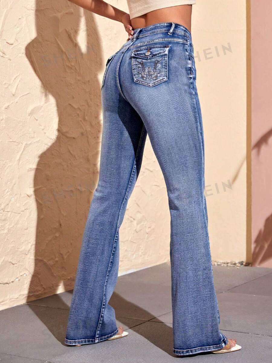 SHEIN Essnce High Waist Butterfly Embroidery Flare Leg Jeans | SHEIN USA