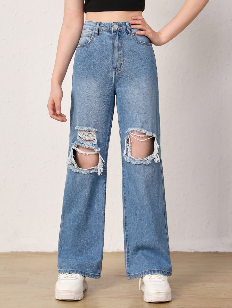 SHEIN Teen Girls Ripped Cut Out Straight Leg Jeans | SHEIN USA