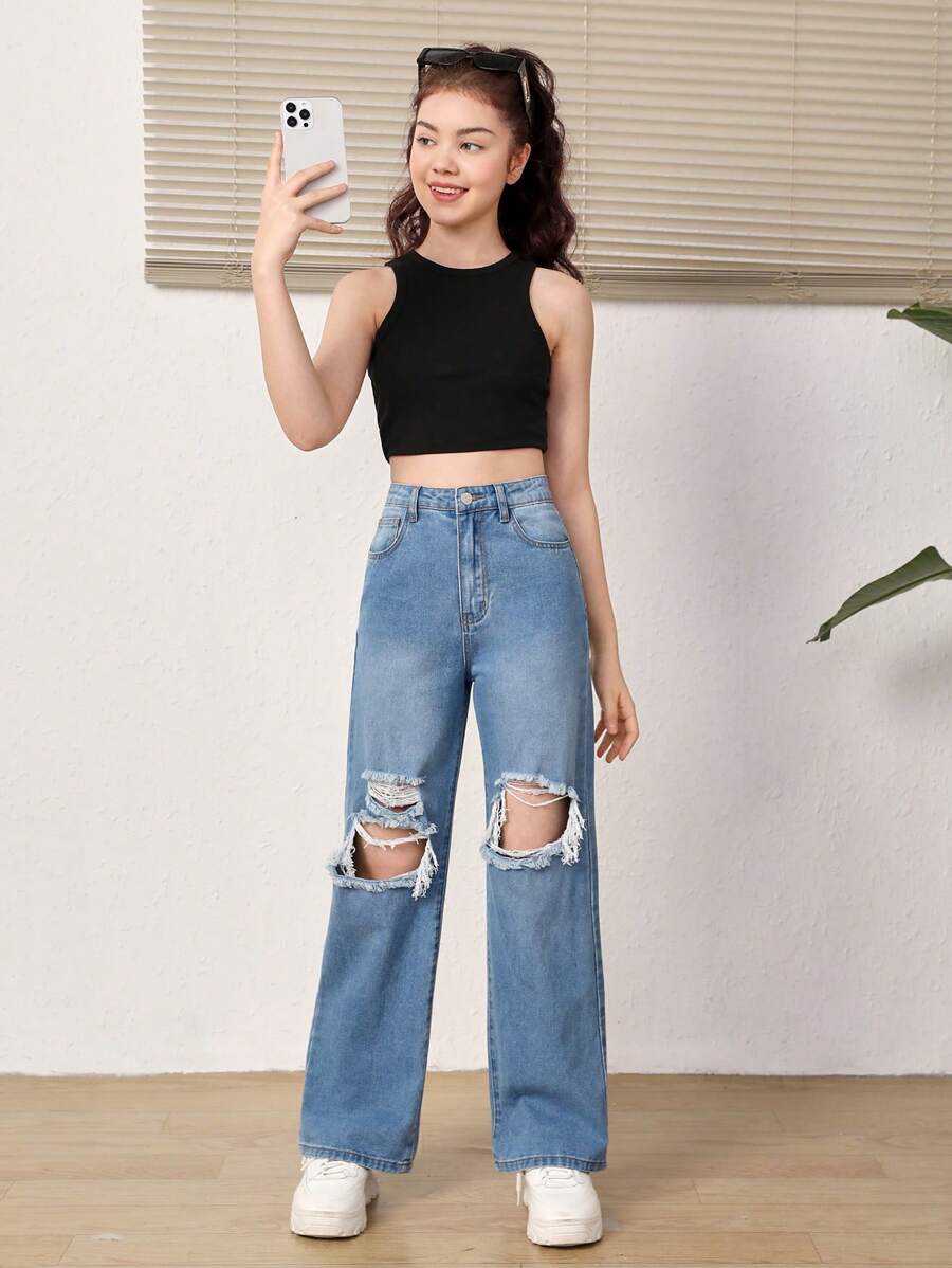 SHEIN Teen Girls Ripped Cut Out Straight Leg Jeans | SHEIN USA
