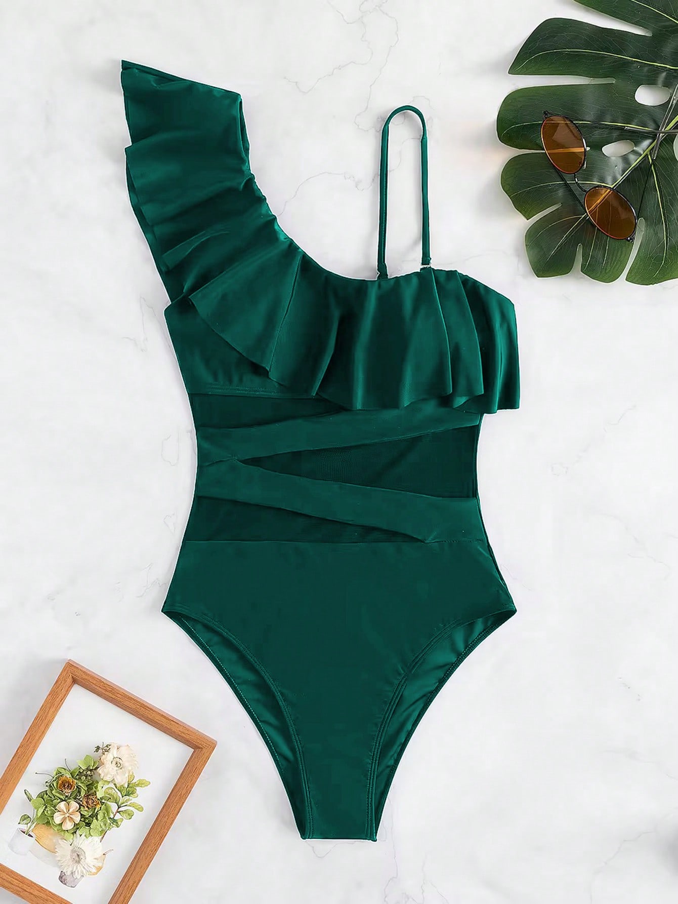 Shein Swim Chicsea Ruffle Trim Contrast Mesh One Piece Swimsuit Shein Usa