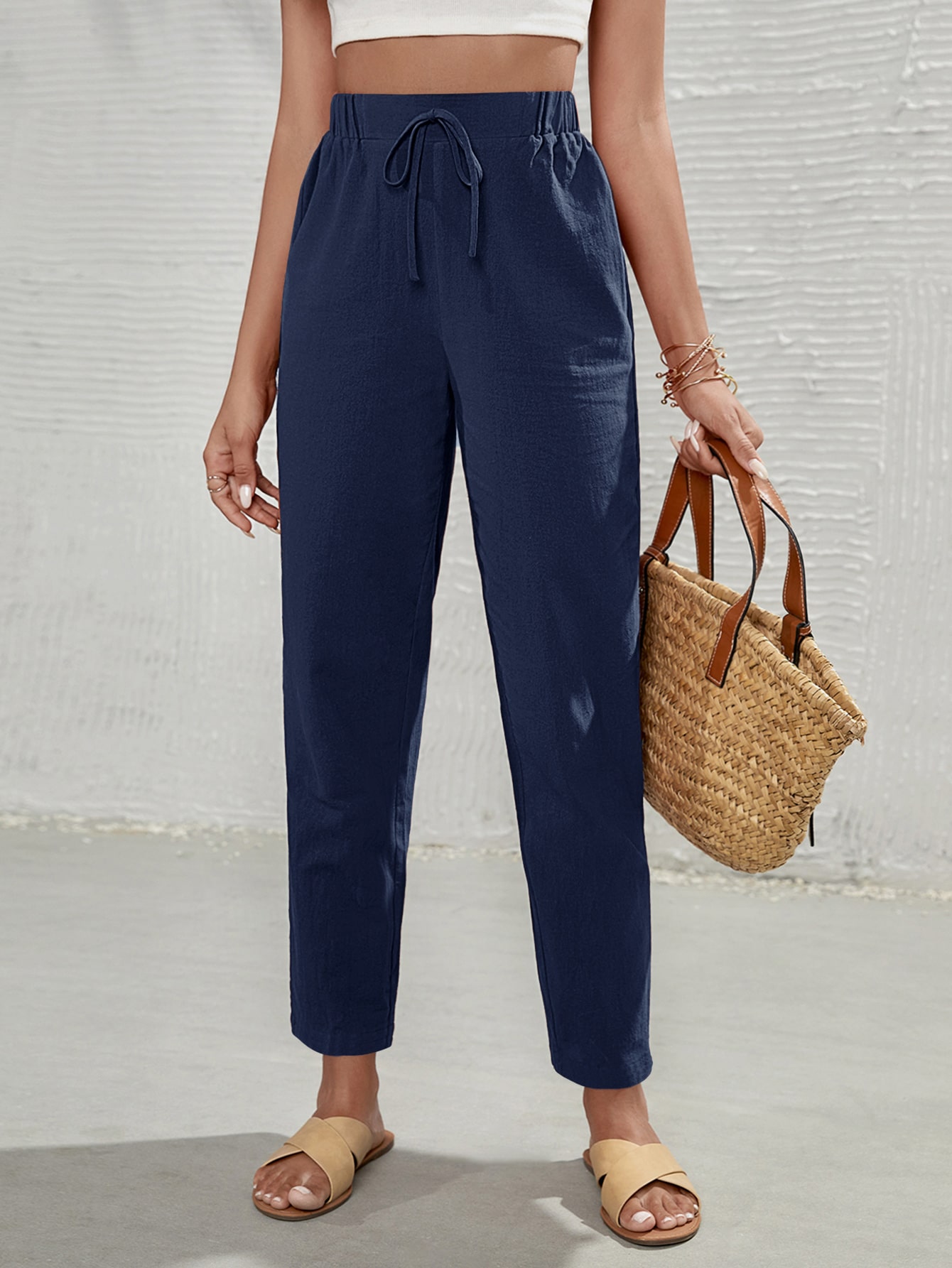 Shein Frenchy Solid Knot Waist Cropped Trousers Shein Uk