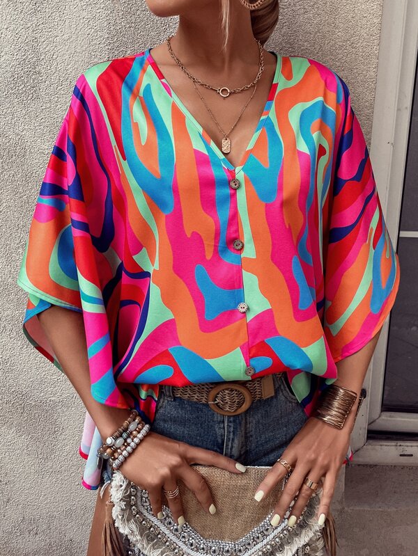 Shein Lune Allover Print Batwing Sleeve Blouse Shein Usa