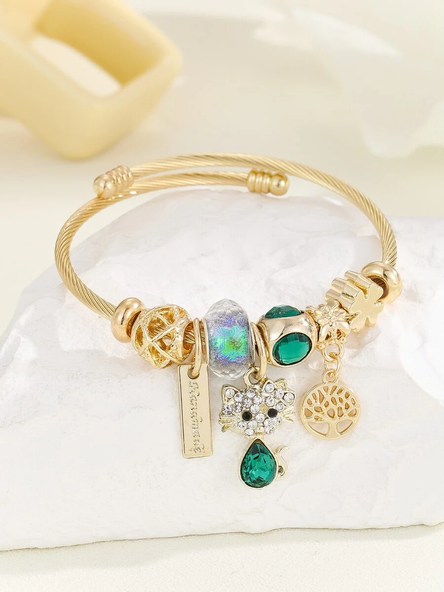 Rhinestone Cat & Water-drop Charm Bangle | SHEIN USA
