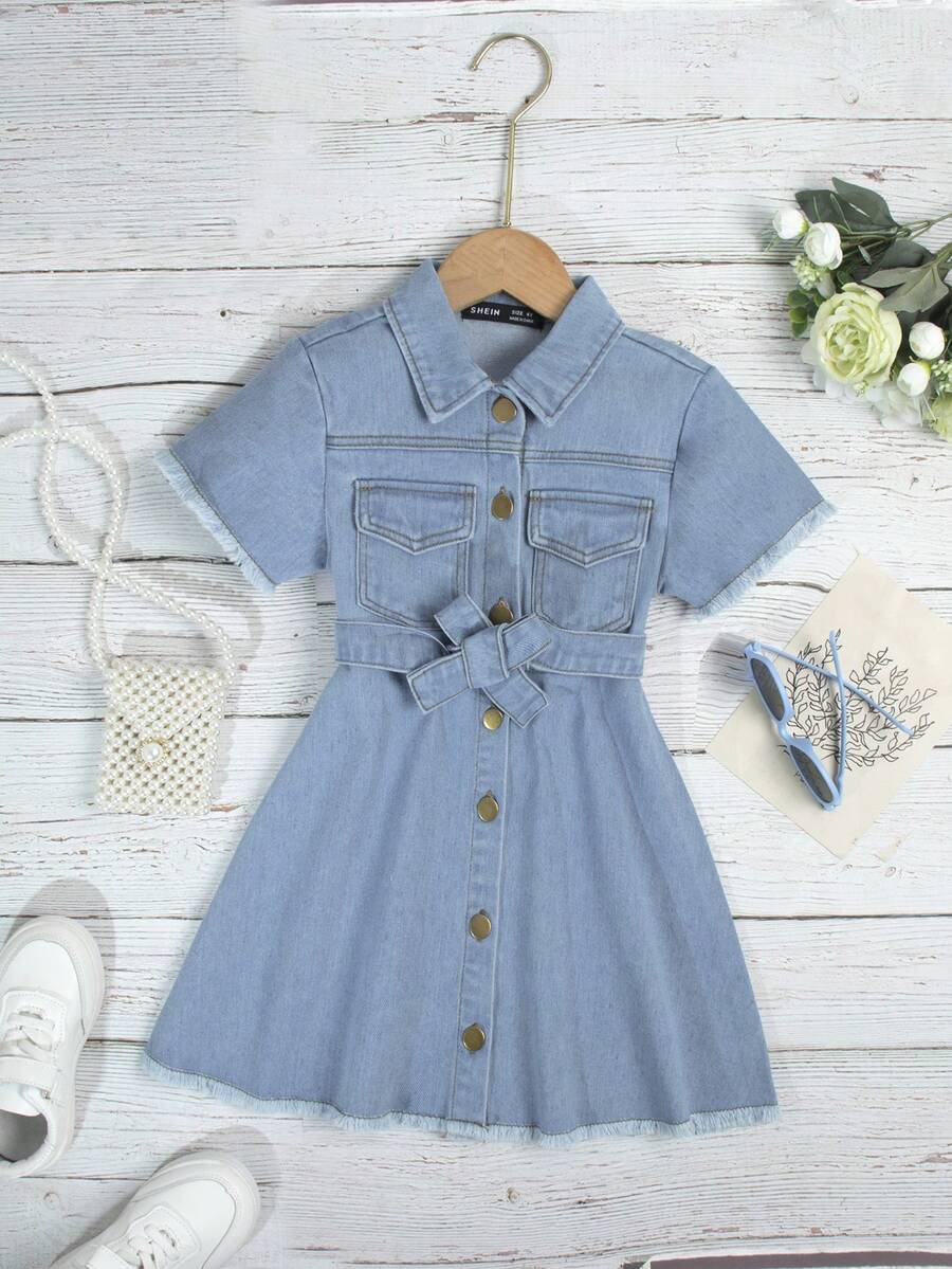 Young Girl Flap Pocket Raw Hem Belted Denim Dress | SHEIN UK