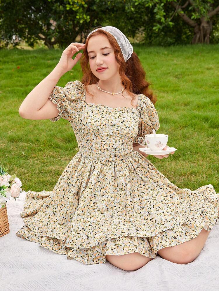 Shein Teen Girls Ditsy Floral Print Puff Sleeve Ruched Bust Dress 