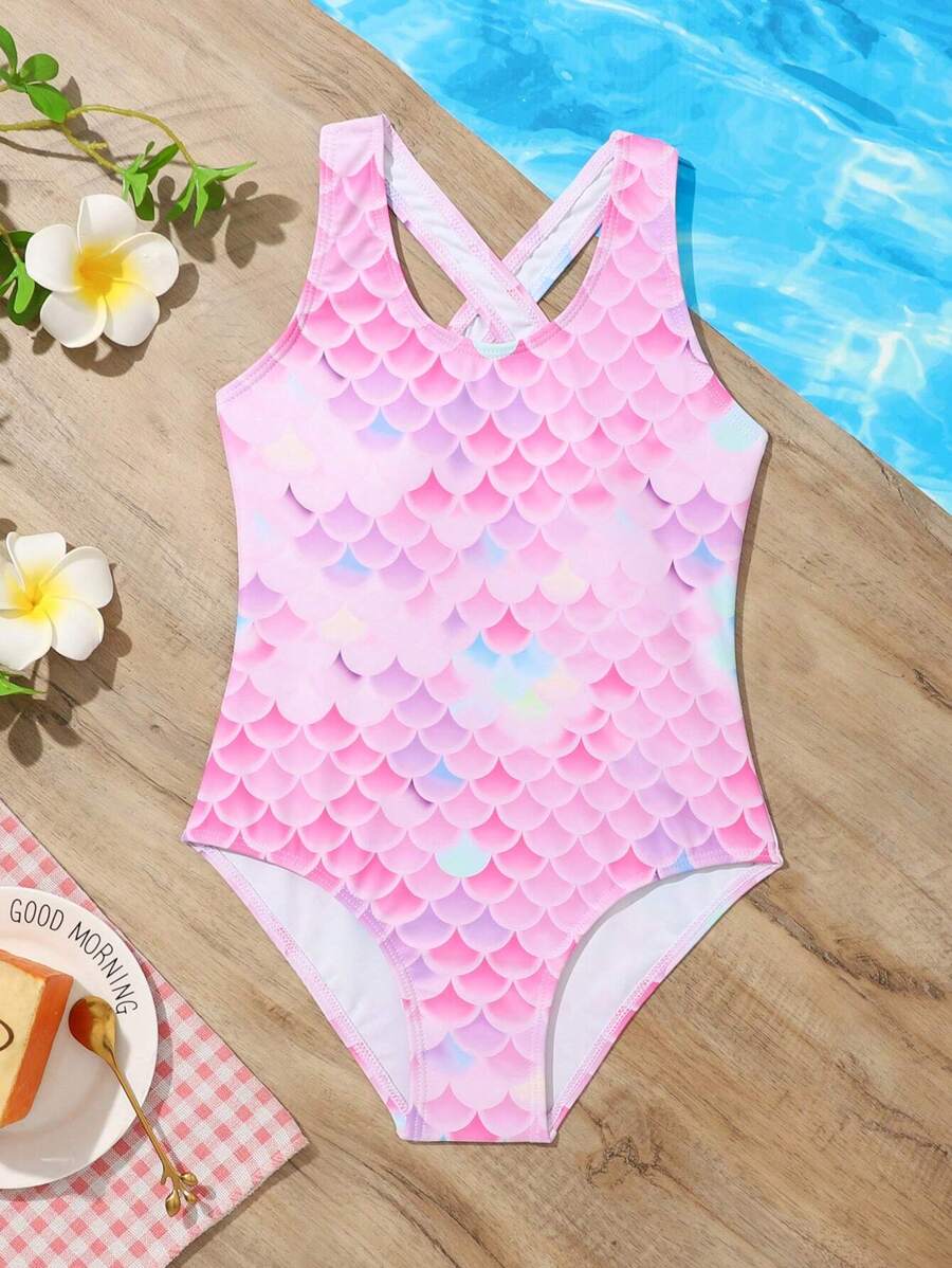 Tween Girl Fish Scales Print Cross Back One Piece Swimsuit | SHEIN USA
