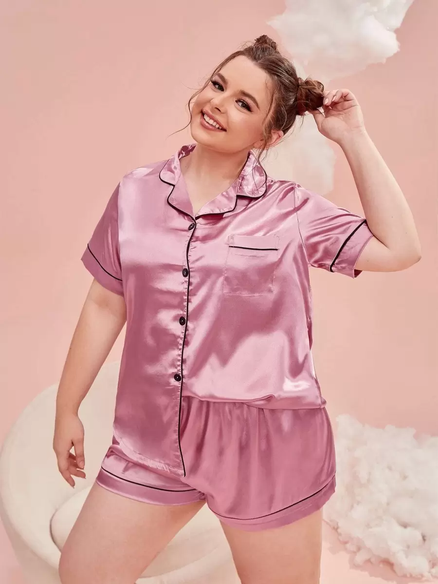 SweetSlumber Plus Contrast Piping Satin PJ Set / Pajama Set | SHEIN USA