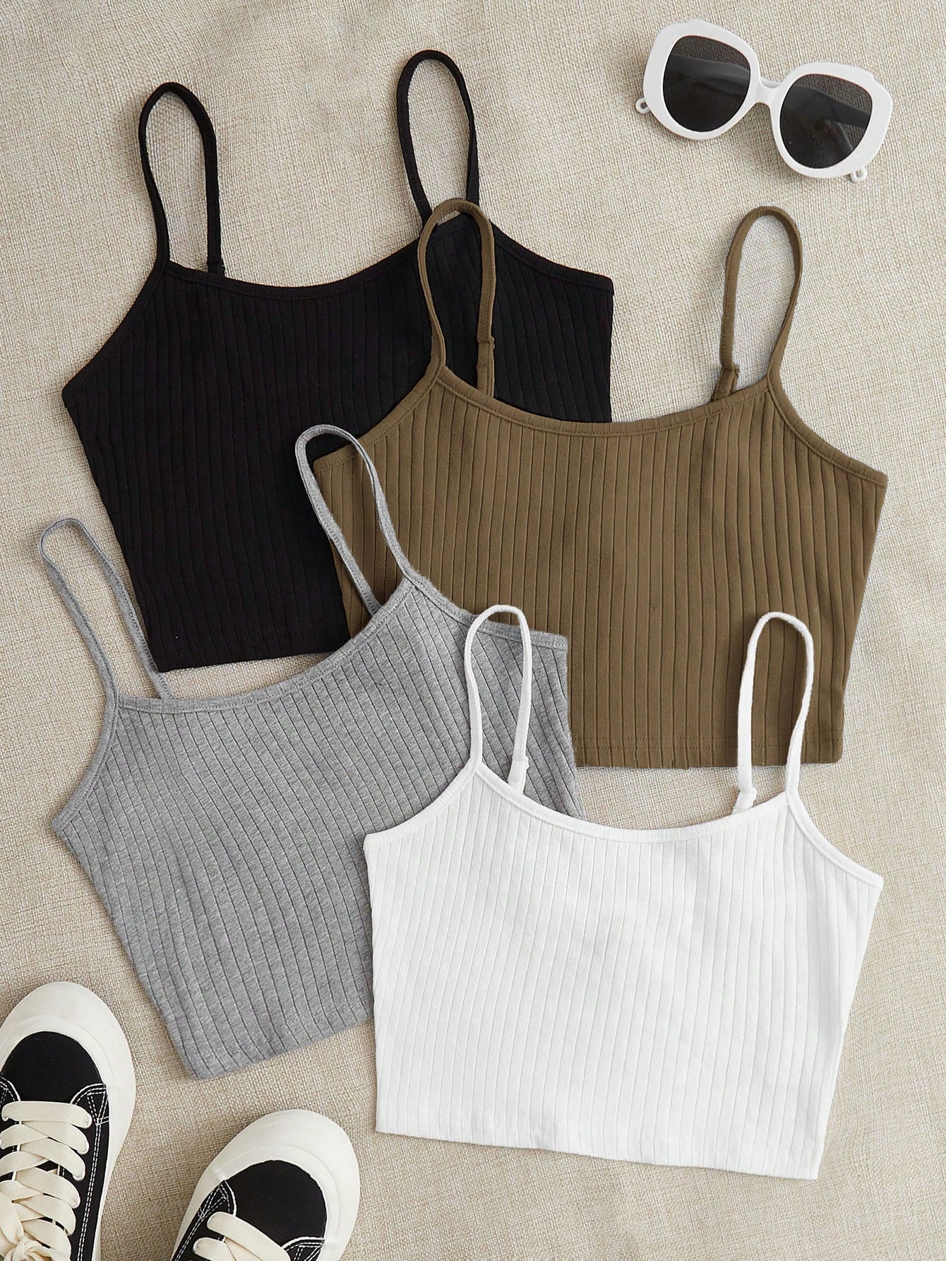 Shein Ezwear 4 Piezas Top De Tirantes Tejido De Canalé Ribete En Forma