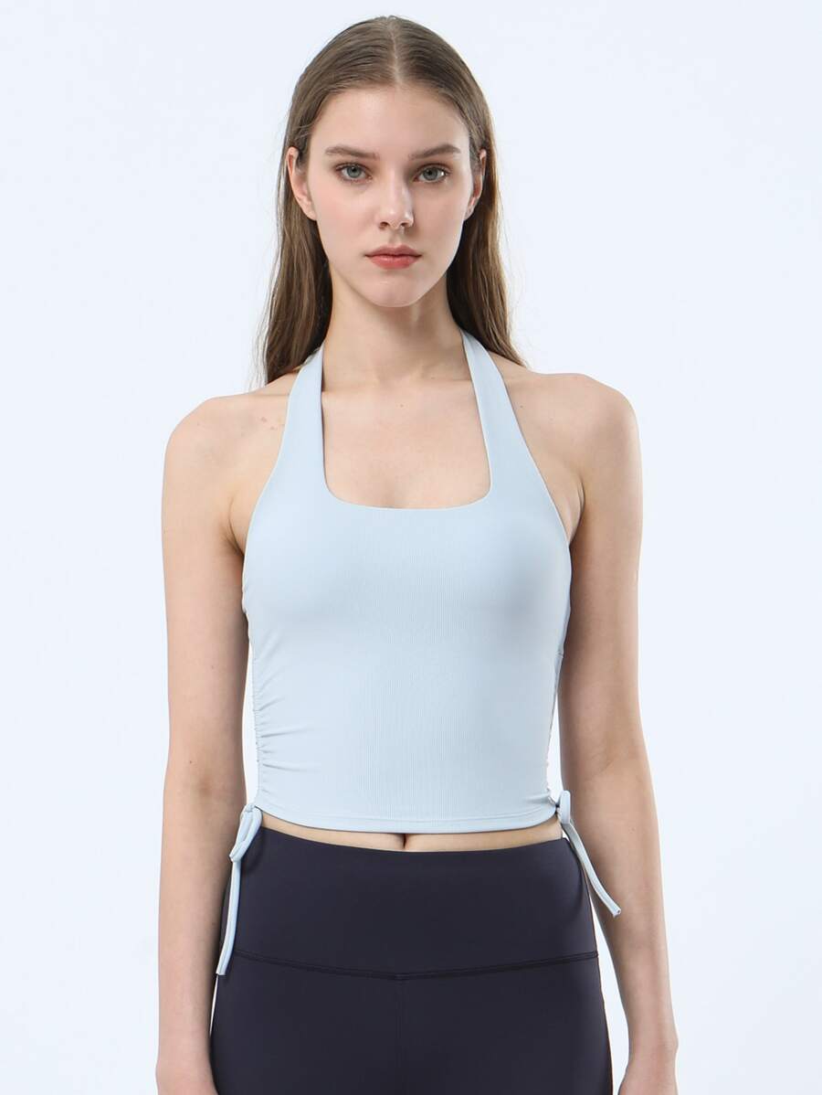 Solid Drawstring Side Halter Neck Backless Crop Sports Top | SHEIN USA