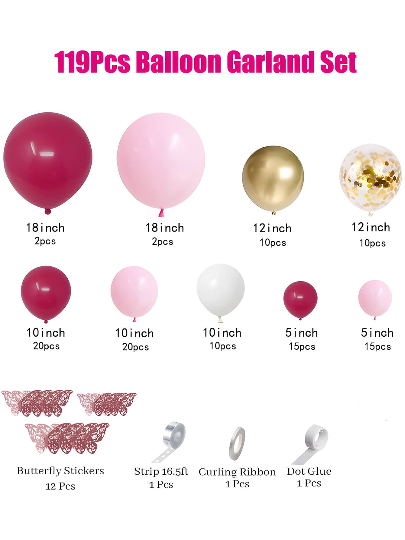 119pcs Pink Balloon Garland Arch Kit Butterfly Stickers Latex Balloons ...