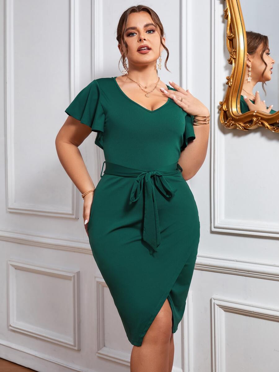 SHEIN Clasi Plus Butterfly Sleeve Wrap Hem Belted Dress | SHEIN USA