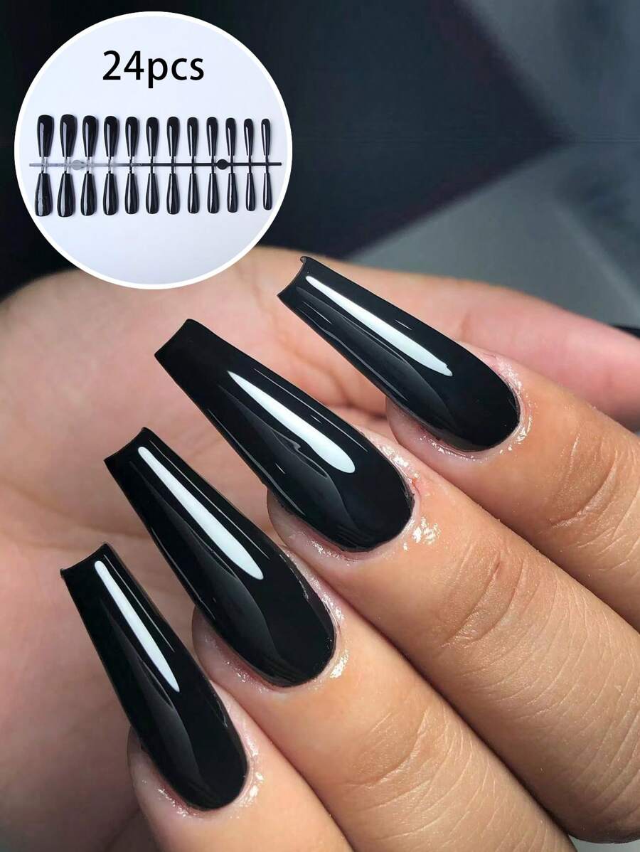 Elevate Your Style with 24pcs Long Coffin Black Solid Color Fake Nail ...