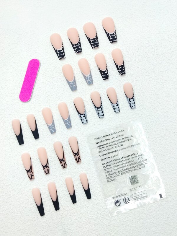 Transform Your Nails with 24pcs Long Coffin Fish Scale Graffiti ...