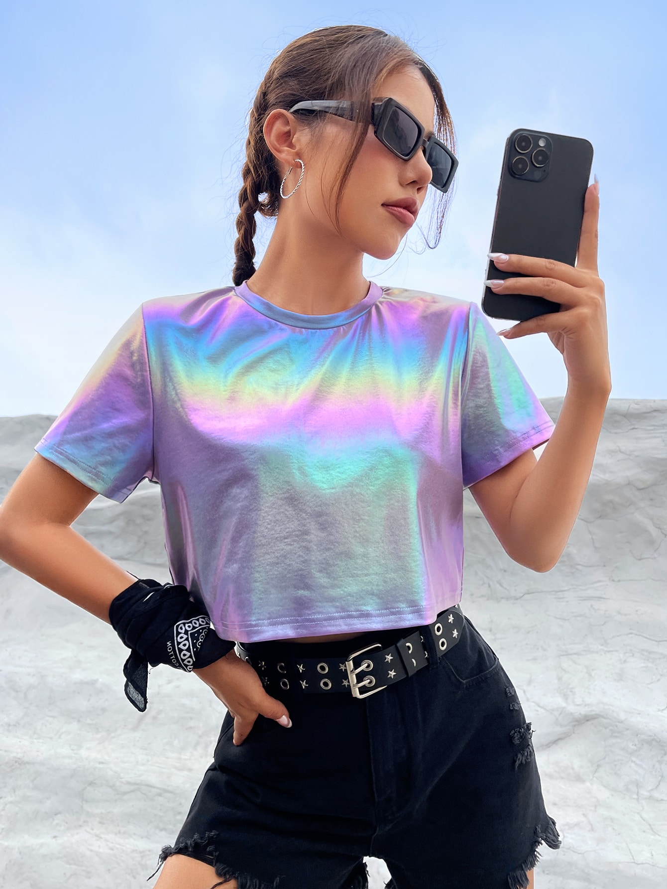 SHEIN Coolane Holographic Round Neck Crop Pu Coating Colorful Tee ...