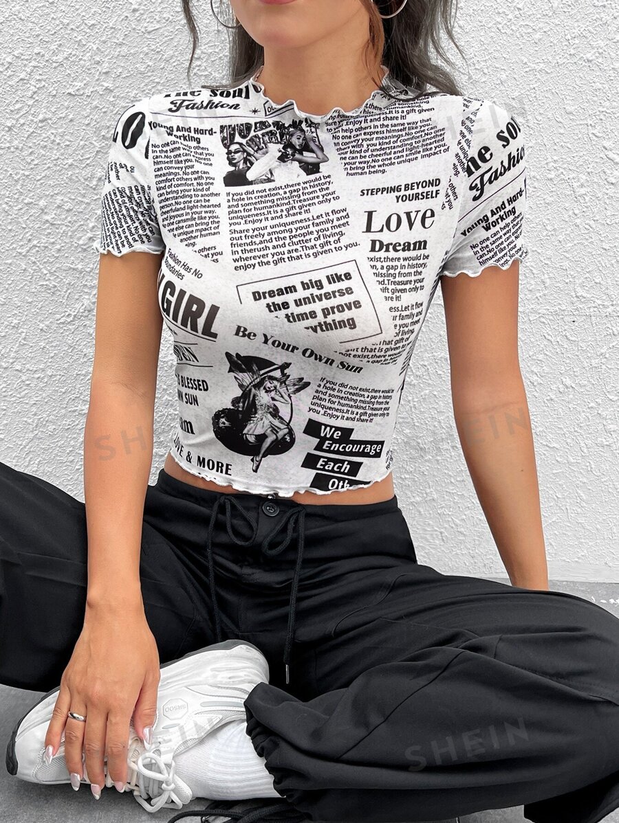 SHEIN EZwear Newspaper Print Lettuce Trim Crop Top STEPPING BEYOND ...