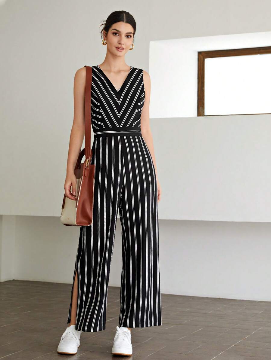 SHEIN BIZwear Women's Black White Striped Print Split Hem Jumpsuit ...