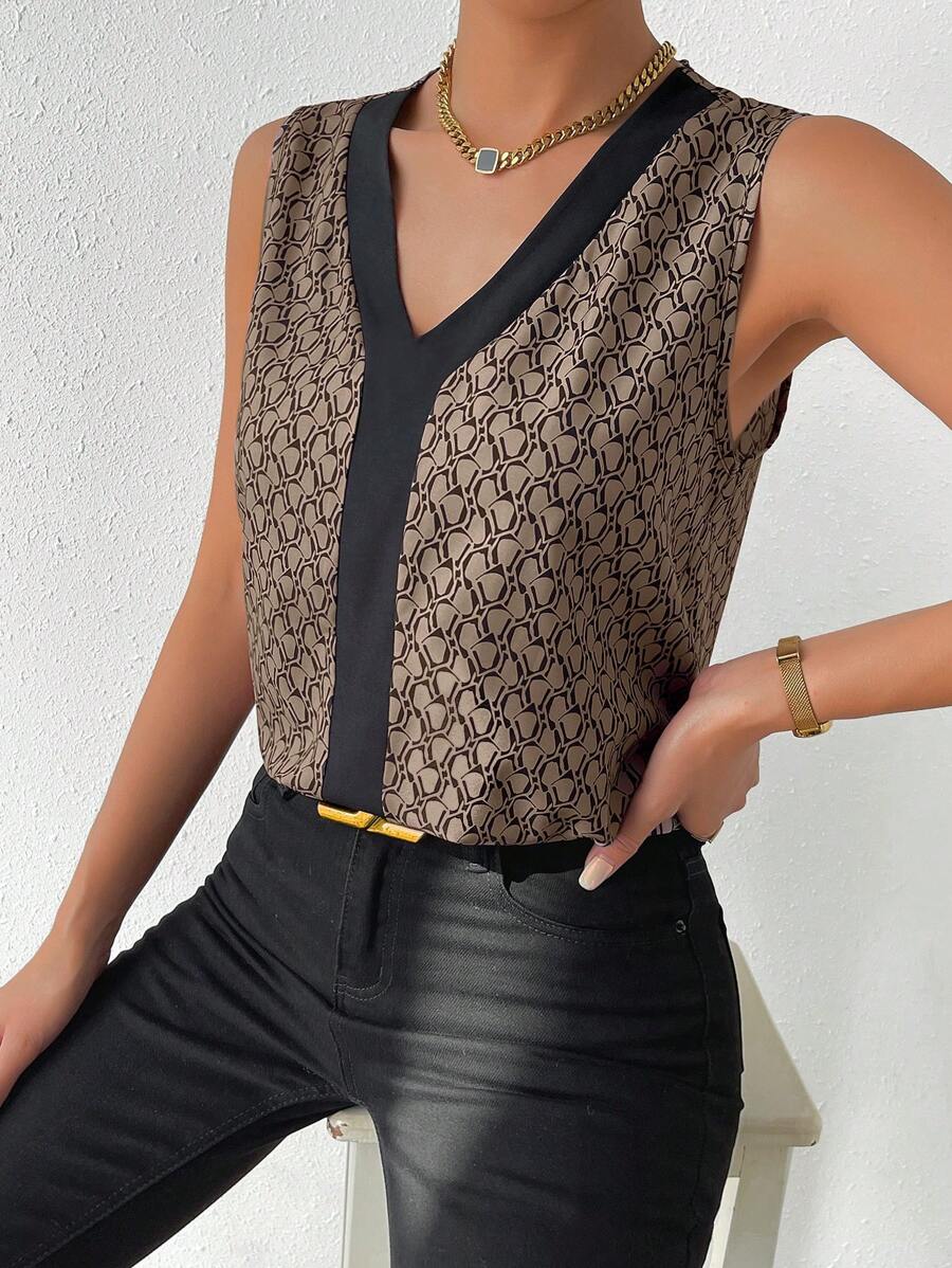 SHEIN LUNE Allover Print Contrast Trim Blouse | SHEIN USA