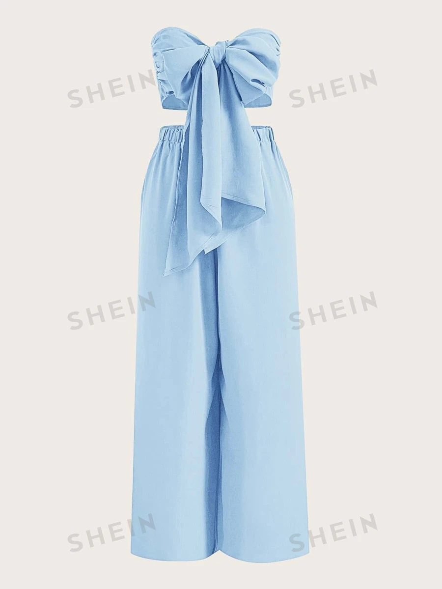 SHEIN VCAY Plus Solid Tie Front Tube Top & Wide Leg Trousers | SHEIN UK