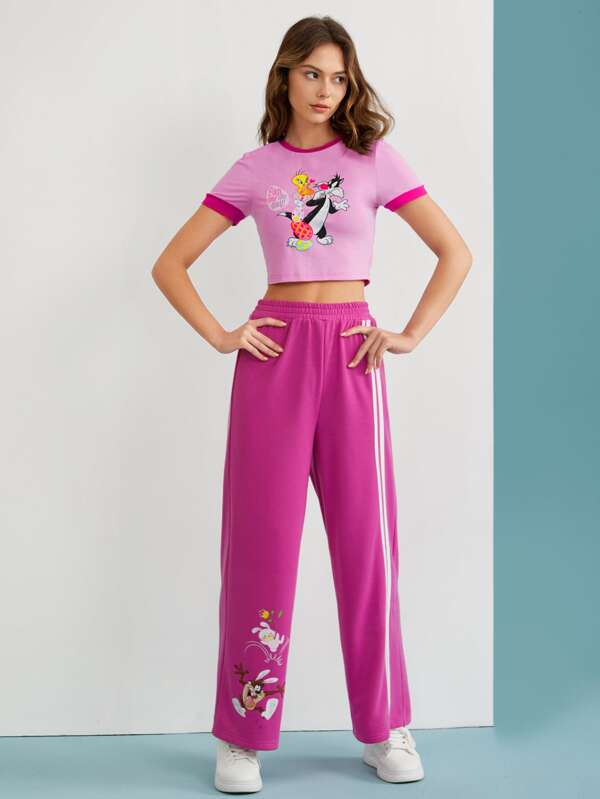 LOONEY TUNES X SHEIN Cartoon Graphic Contrast Binding Crop Tee | SHEIN