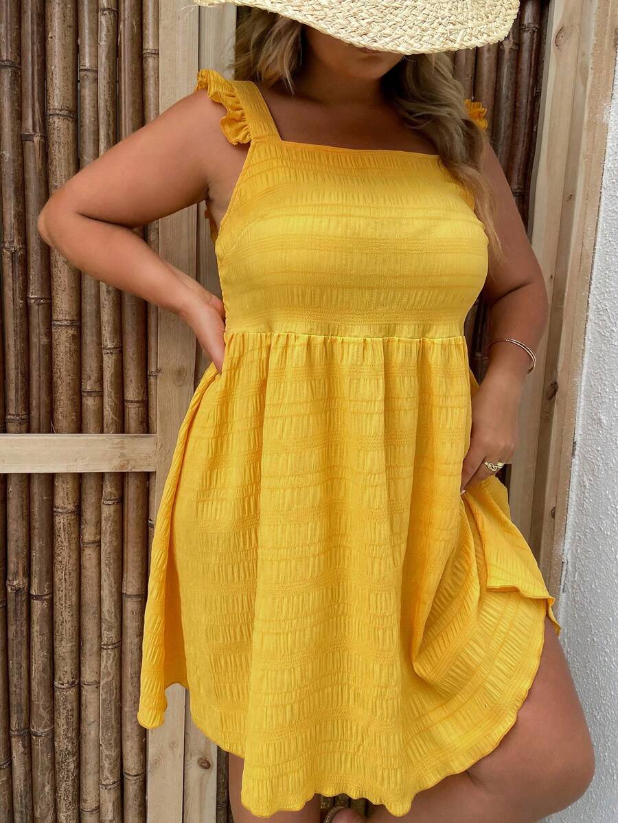 SHEIN LUNE Plus Ruffle Trim Shirred Backless Dress | SHEIN USA