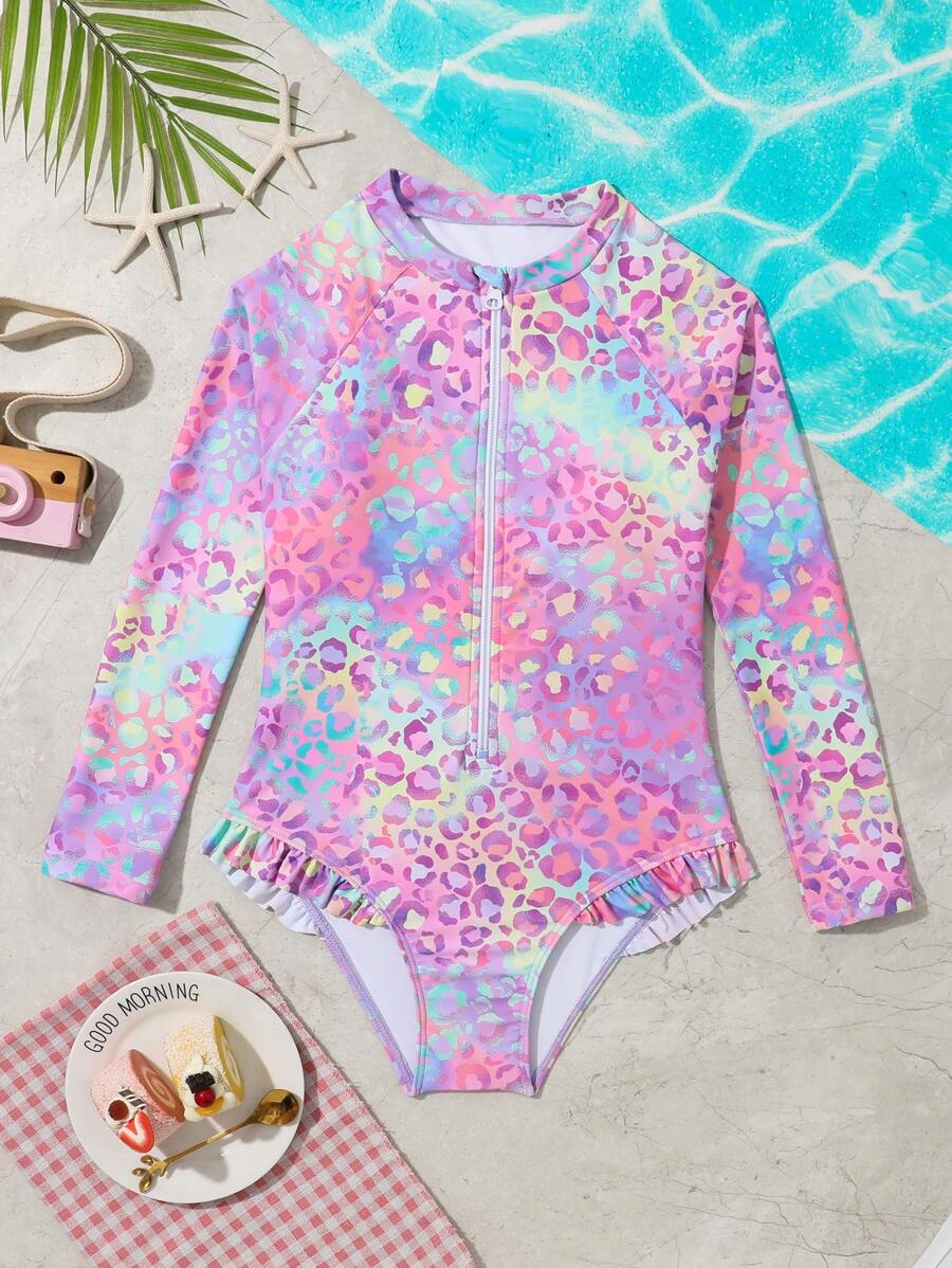 SHEIN Tween Girl Leopard Print Zipper Front Ruffle Trim One Piece ...