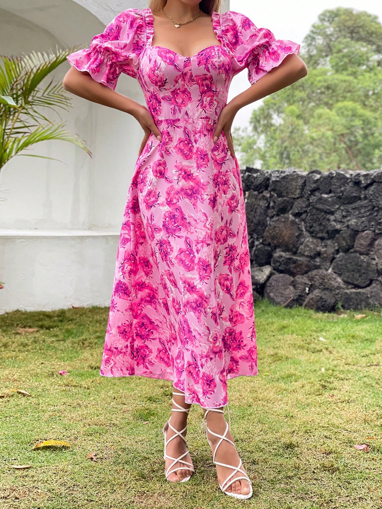 Shein Vcay Allover Floral Print Sweetheart Neck Flounce Sleeve Dress