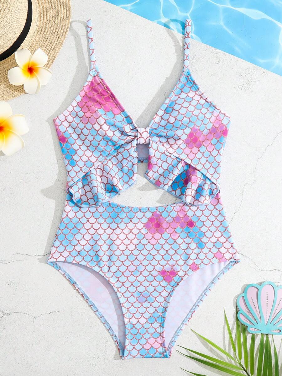 Girls Fish Scales Print Ruffle Trim Cut Out Knot Front One Piece ...